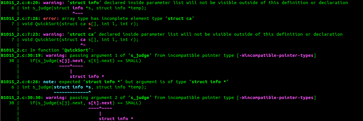error or warning : 'struct info' declared inside parameter list will not be visible outside of ...