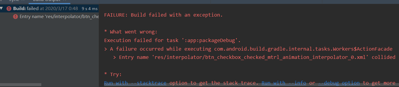 When packaged Error: Entry name 'res / interpolator / btn_checkbox_checked_mtrl_animation ...