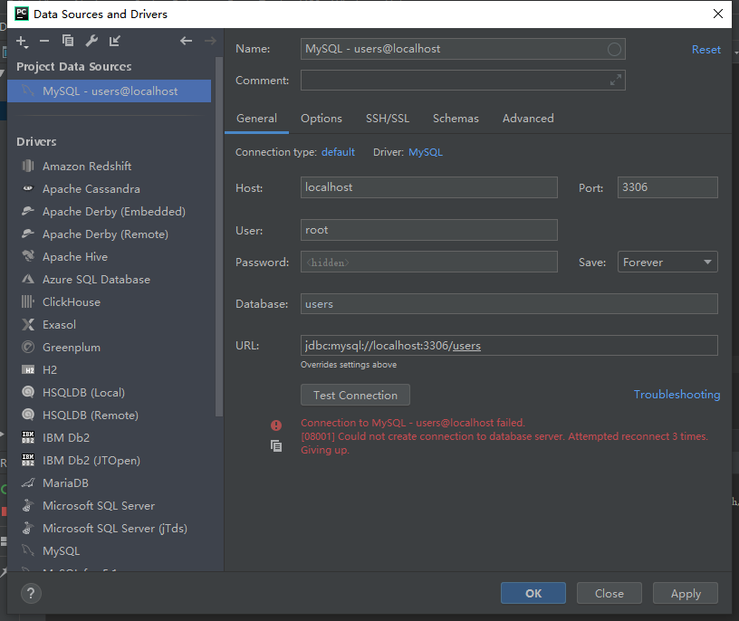 PyCharm——[08001] Could not create connection to database server. Attempted reconnect 3 times ...