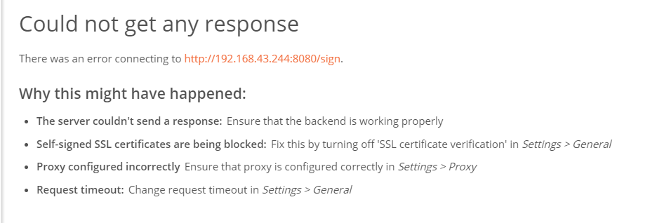 poatman 测试报错 The server couldn't send a response: Ensure that the backend is working properly ...