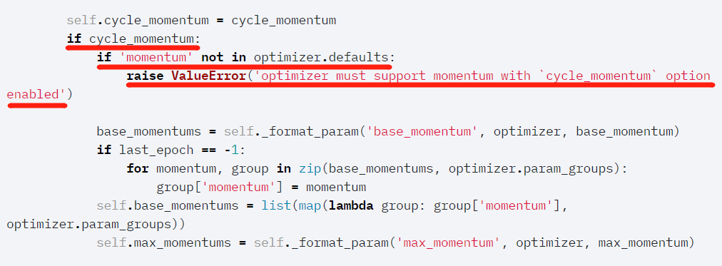 PyTorch问题集：ValueError: optimizer must support momentum with `cycle_momentum` option enabled ...