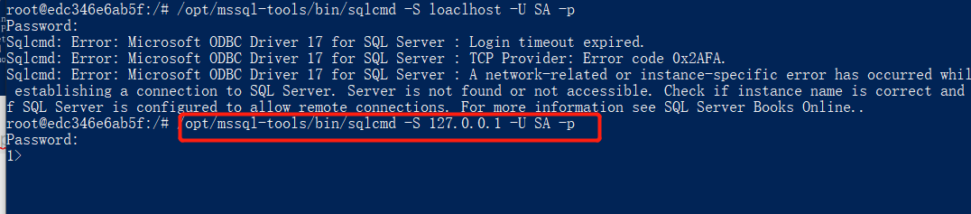 docker容器连接sqlserver出错：Sqlcmd: Error: Microsoft ODBC Driver 17 for SQL Server : Login timeout ...