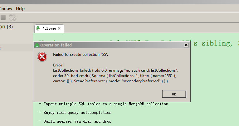 Robo 3T远程连接服务器数据库mongodb报错_no such cmd: listcollections",-CSDN博客