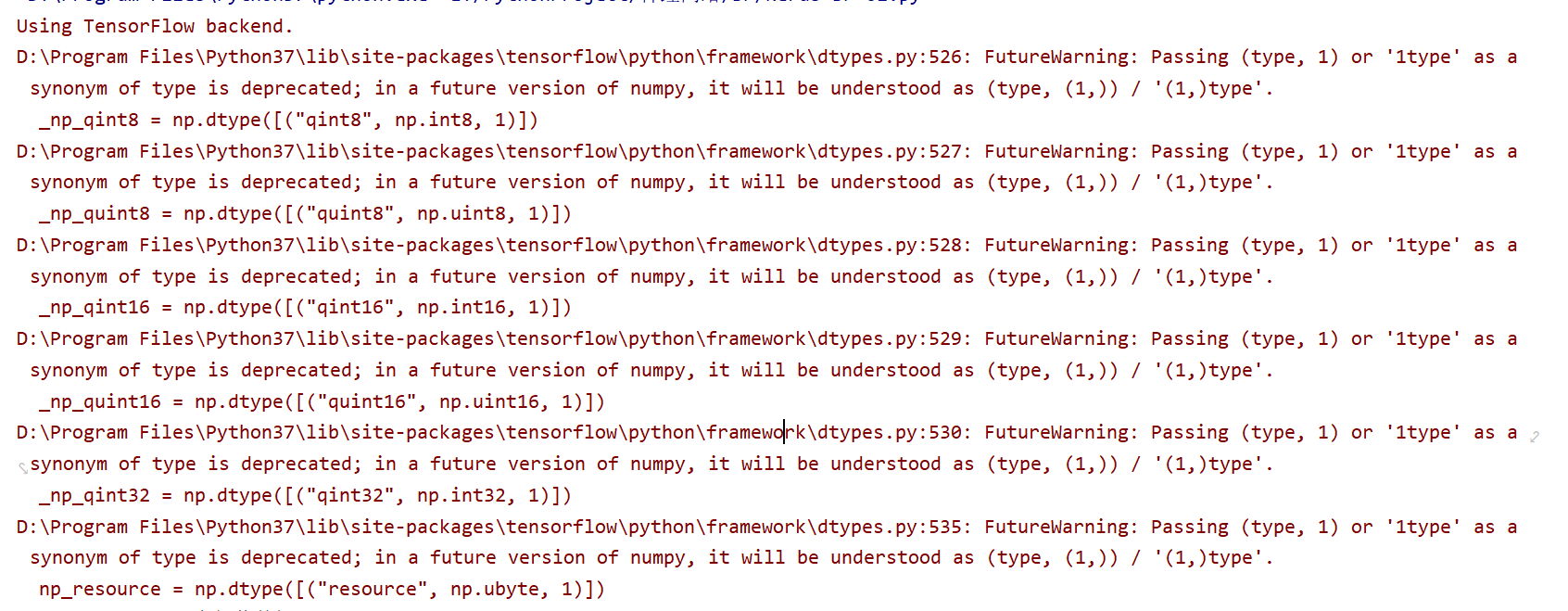 [深度学习]解决python调用TensorFlow时出现FutureWarning: Passing (type, 1) or '1type' as a synonym of type is ...