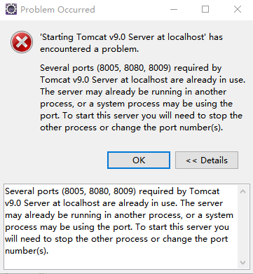 TomCat error Starting TomCat v9.0 Server at localhost has encountered a ...