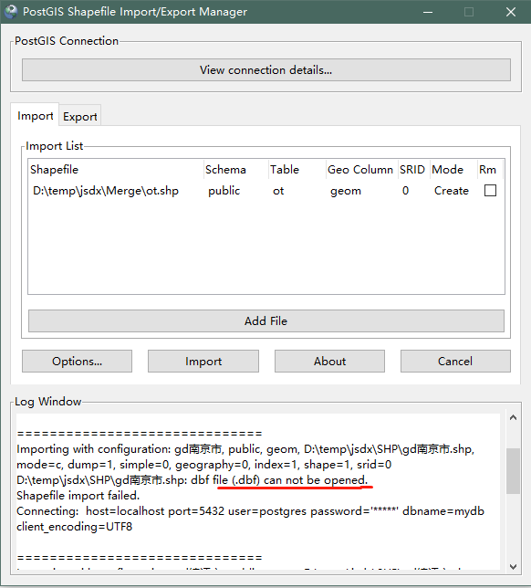 postgis导入shp文件失败Shapefile import failed提示dbf file （dbf） can not be opened-CSDN博客