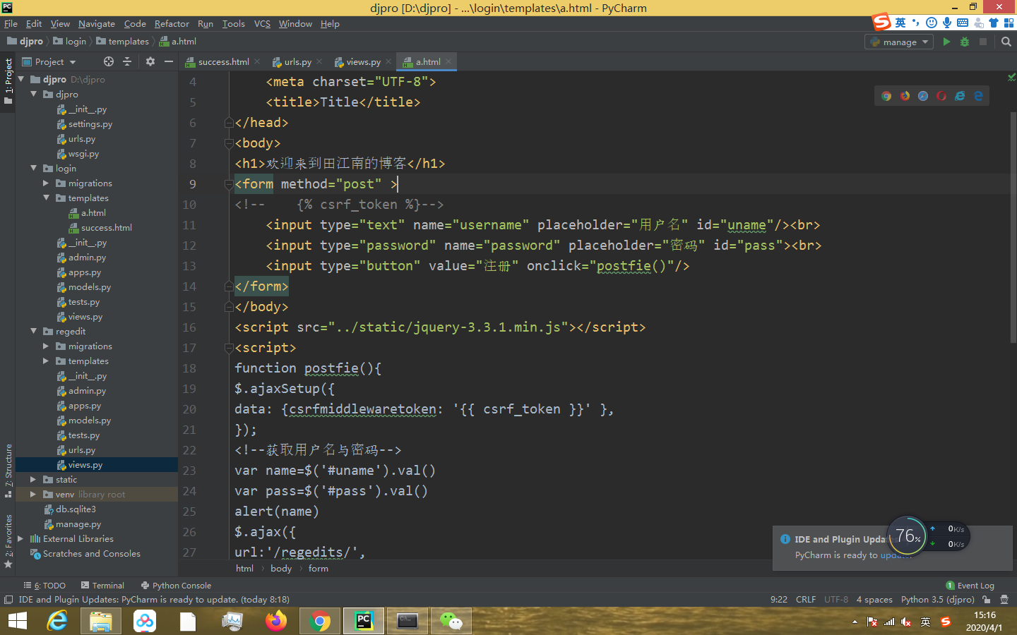 jquery-3.3.1.min.js:2 POST http://localhost:8000/regedits/ 403_jquery-3.3.1.min.js:2 post http ...