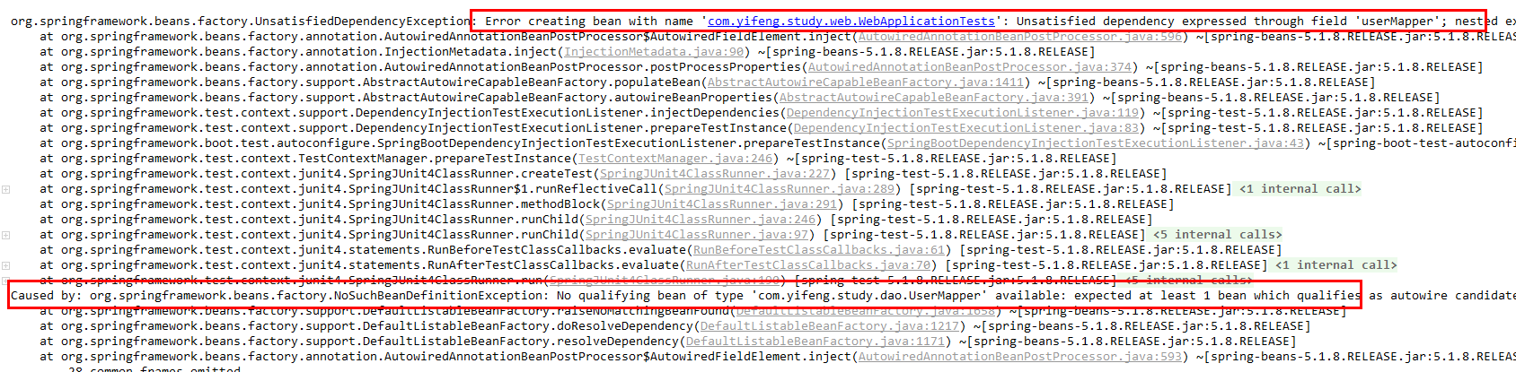 解决SpringBoot中 No qualifying bean of type 'com.yifeng.study.dao.UserMapper' available:...报错_no ...