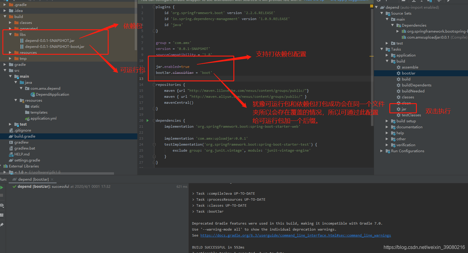 Springboot Gradle项目中的两种jar包(依赖包和可运行包)及如何在idea中打包 Gradle Bootjar 和jar Csdn博客