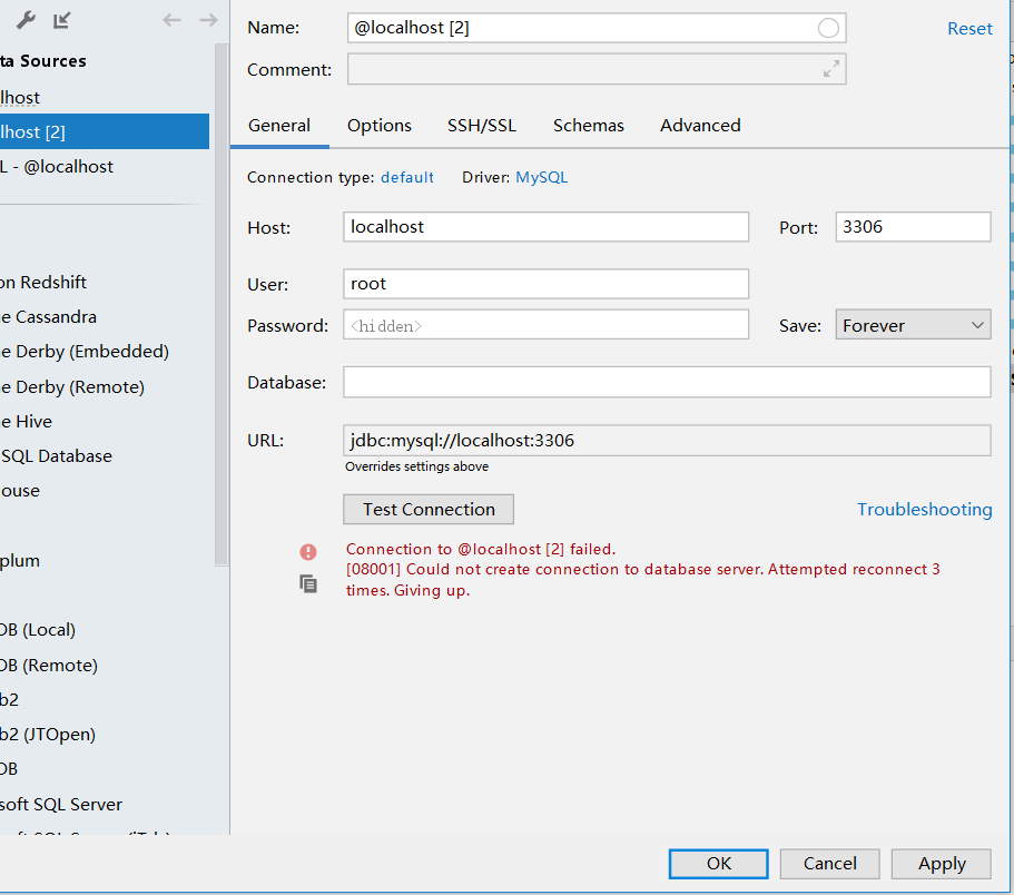 Connection to MySQL - @localhost failed. [08001] Could not create connection-CSDN博客