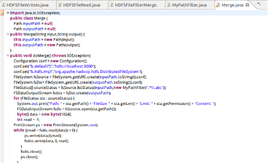 Java Api与hdfs进行交互，文件过滤与合并使用java Api将hdfs上文件1txt和2txt中的内容合并输出到3txt中 7619