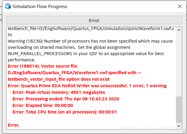 仿真报错:quartusfpgawaveformvwf Specified With Testbenchvectorinputfile Option Does Not