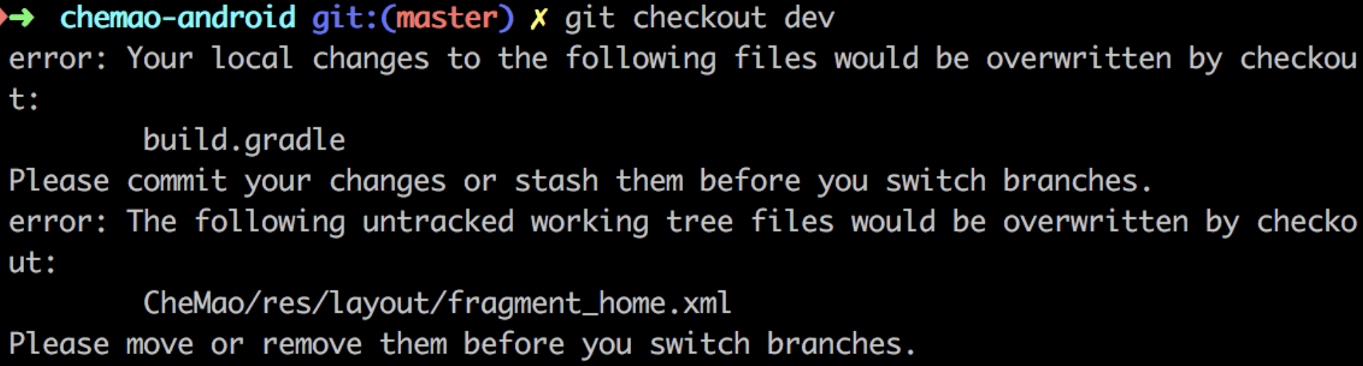Git-Command Line-Resolve "Your local changes to the following files would be overwritten by ...
