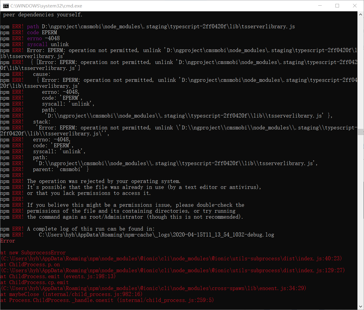 at new SubprocessError (C: \Users \hyh \AppData \Roaming \npm \node_ modules \@ionic \cli \node ...