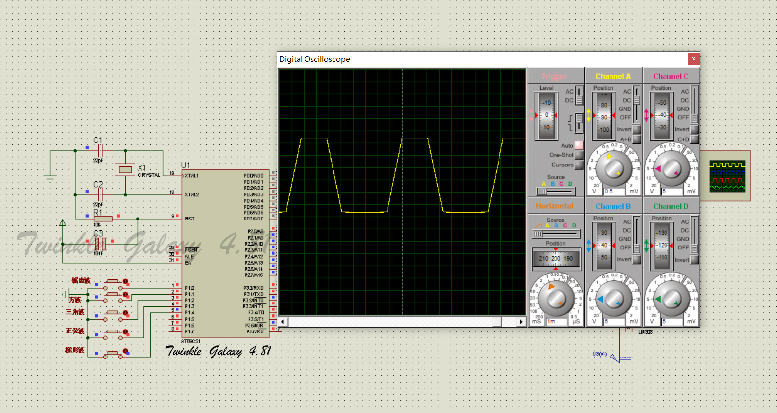 （绝对有效）Proteus7.5_DA0832五个按键输出正弦波，三角波，矩形波，锯齿波，梯形波。_利用0832产生锯齿波输出,并在直流电机上观察结果proteus-CSDN博客