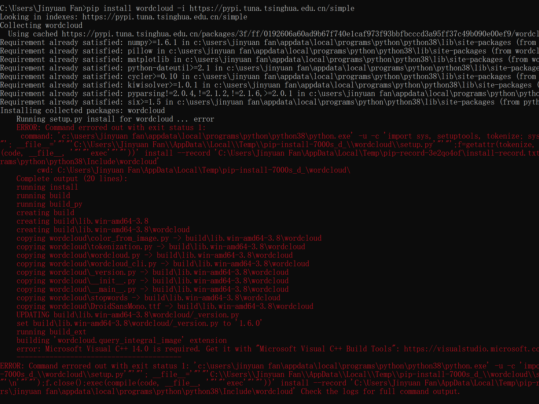 Python3安装wordcloud库出错及其解决办法（使用命令行安装） Python3 12安装wordcloud Getting Requirements To Buil Csdn博客