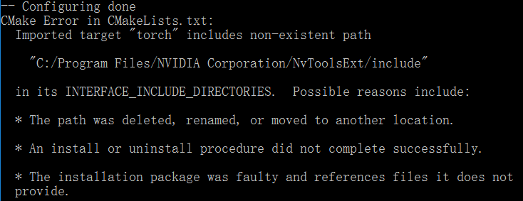 解决：Imported target "torch" includes non-existent path "C:\...\NVIDIA Corporation\NvToolsExt ...