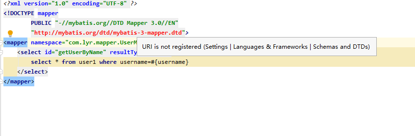 Mybatis配置Mapper.xml时报：URI is not registered (Settings | Languages & Frameworks | Schemas and ...