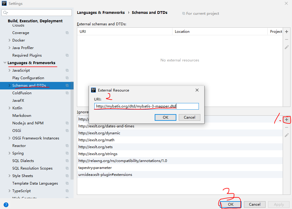 Mybatis配置Mapper.xml时报：URI is not registered (Settings | Languages & Frameworks | Schemas and ...