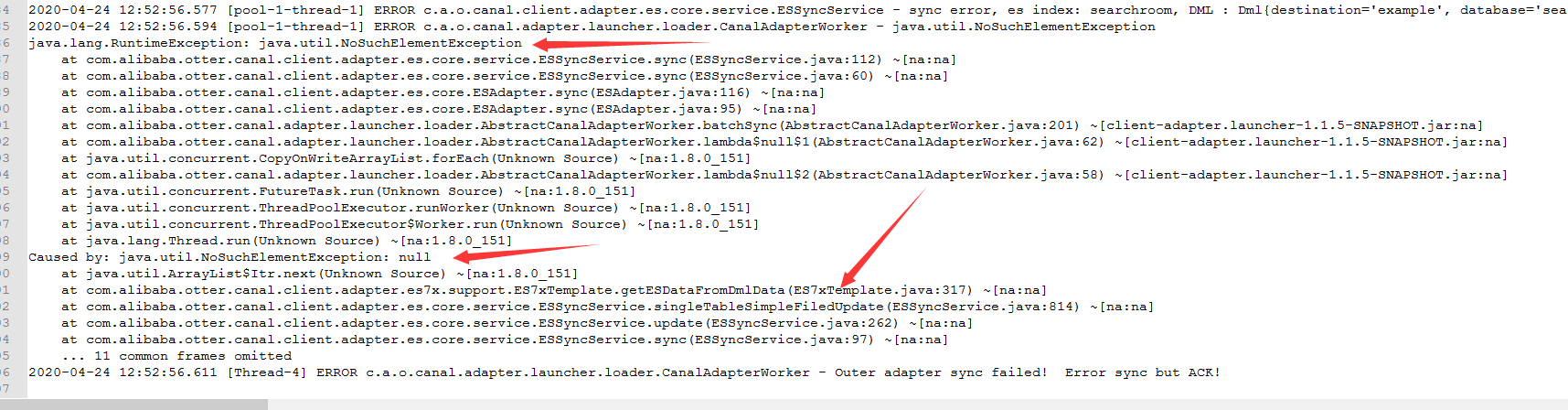 canal-adapter同步数据时报错（Caused by: java.util.NoSuchElementException: null ...