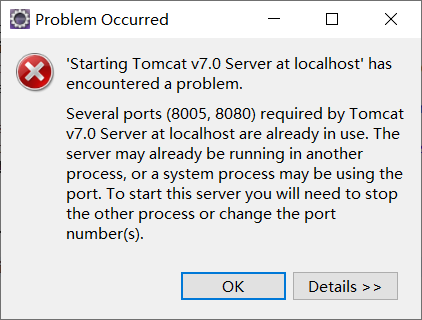完美解决：Several ports (8005, 8080) required by Tomcat v7.0 Server at ...