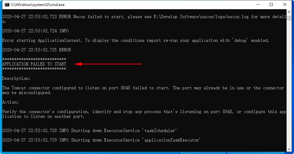 Windows安装启动Nacos，ERROR Failed to start component [Connector[HTTP/1.1-8848]]_nacos connector ...