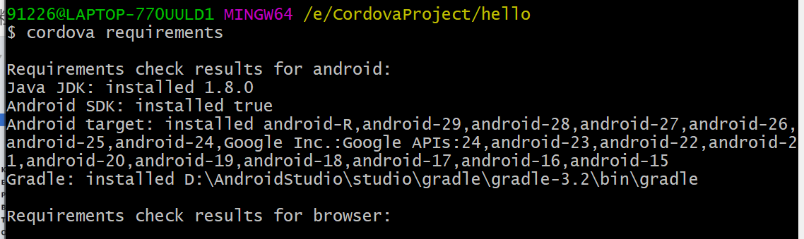 $ cordova requirements 出现错误Please install Android target / API level:"android-28"_执行cordova ...