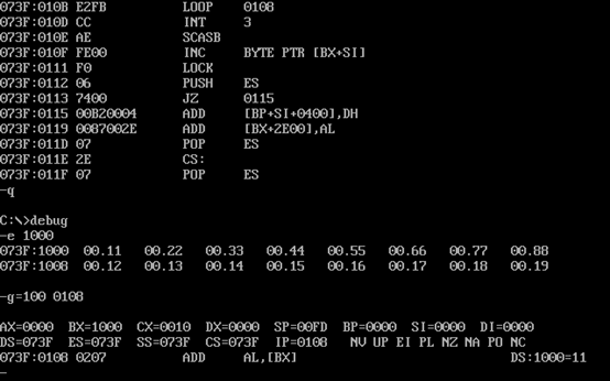 按照下列给定步骤完成求累加和程序: 程序: MOV BX,1000 MOV CX,10 MOV AL，0 LOP: ADD AL,[BX] INC BX J: LOOP LOP INT_用a ...