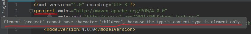 element 'project' cannot have character [children], because the type's content type is element ...