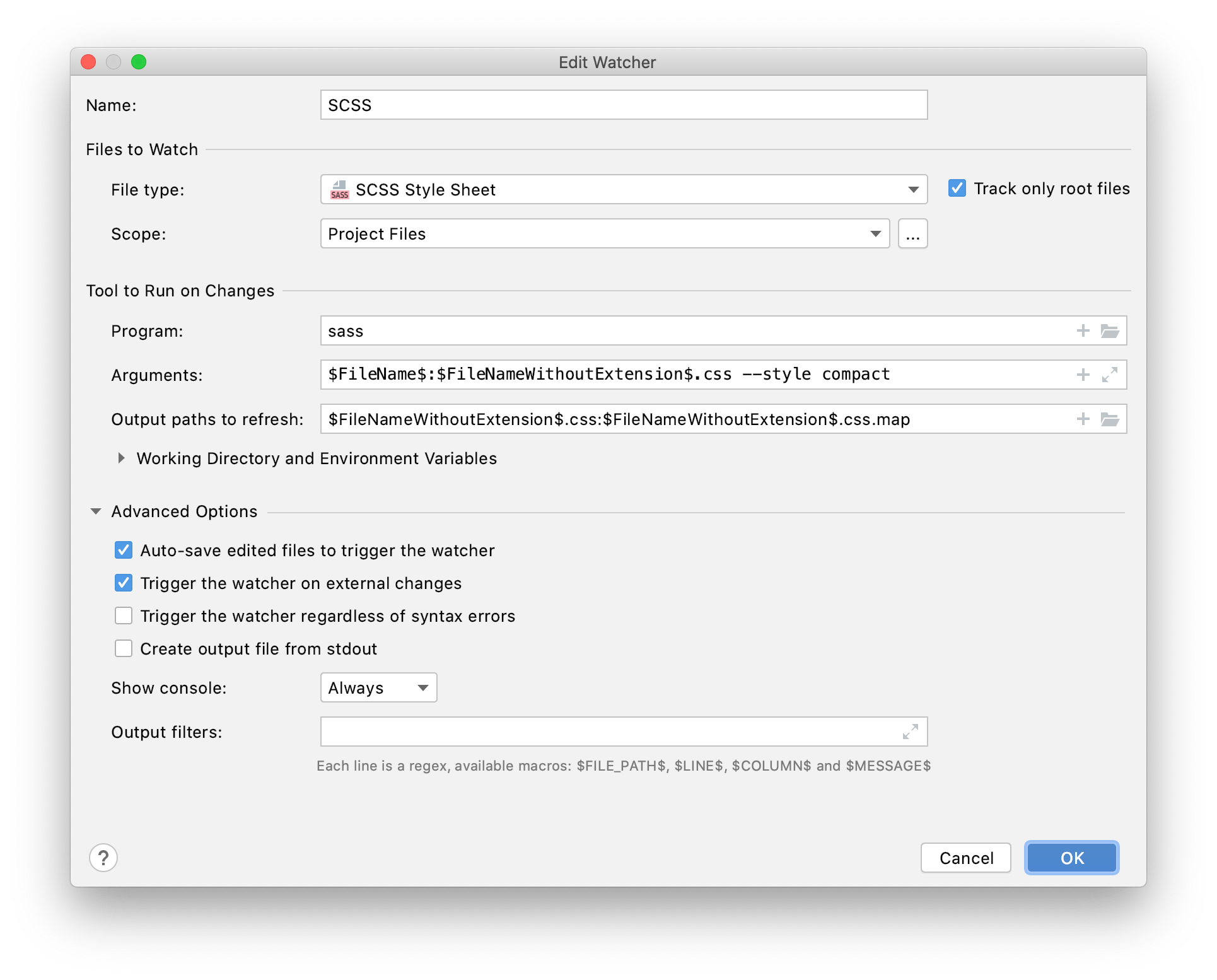 JetBrains 系列开发工具，如何配置 `SCSS` `File Watcher` ，相关输出配置参数详解：webStorm phpStorm IDEA_file watcher 没有 ...