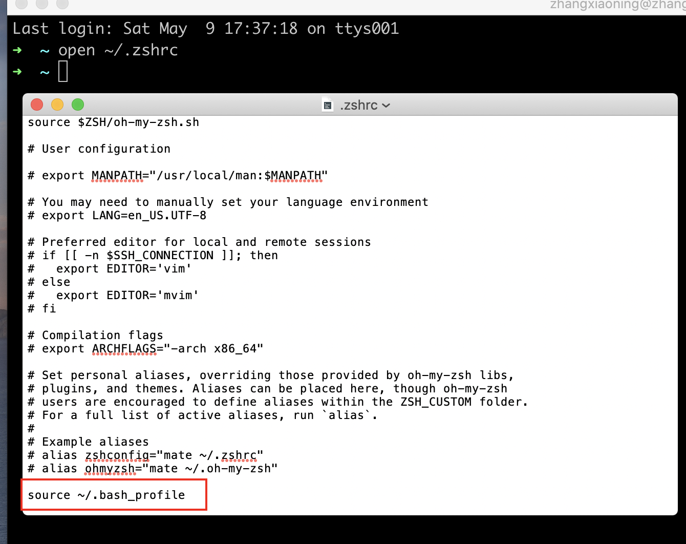 注意: 如果你使用的是zsh，终端启动时 ~/.bash_profile 将不会被加载，解决办法就是修改 ~/.zshrc ，在其中添加：source ~/.bash_profile_如果你的 ...