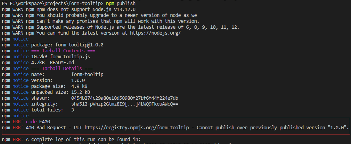 npm publish 发包报错400 Bad Request - Cannot publish over previously published version "1.0.0"-CSDN博客