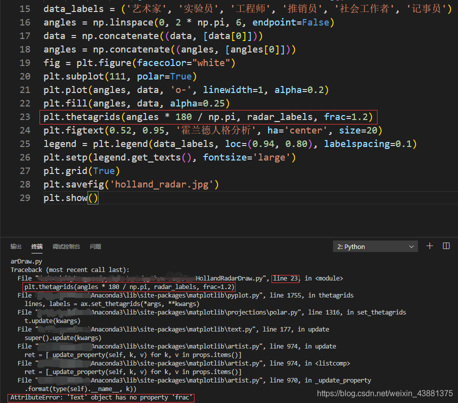 Python学习——霍兰德人格分析雷达图代码问题attributeerror Text Object Has No Property Fra Csdn博客