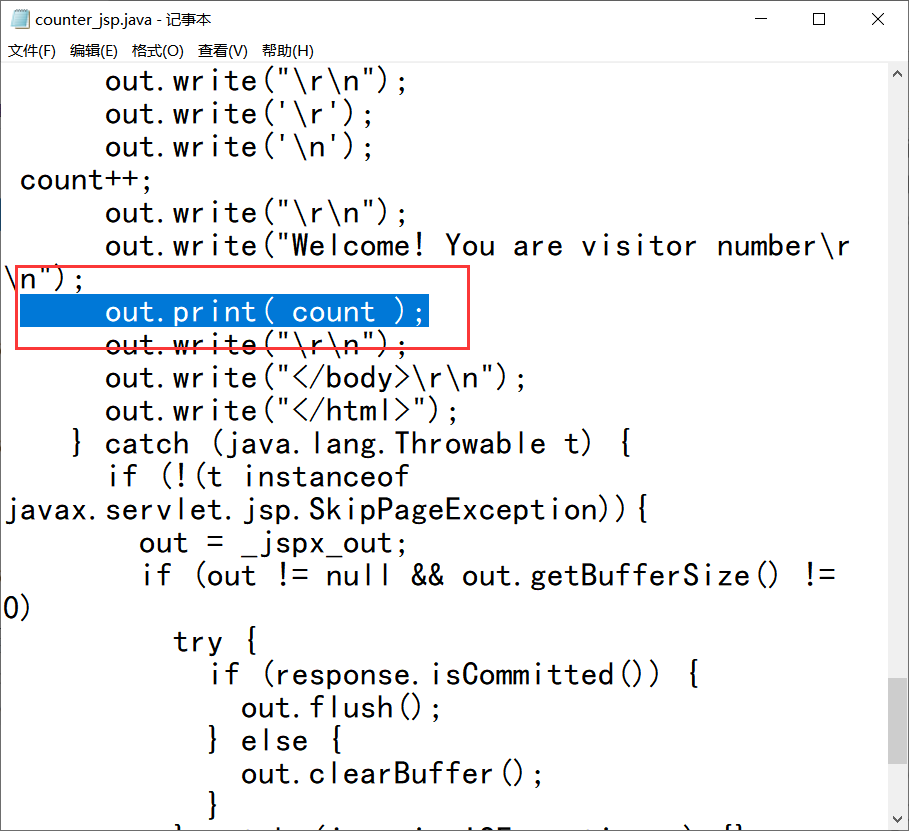 jsp实验：输入并执行下面JSP页面（文件名为counter.jsp）然后回答问题。问题包括【寻找转换后的源文件对应的类文件的地址】【变量声明的位置】_查看count变量是在哪里声明的-CSDN博客