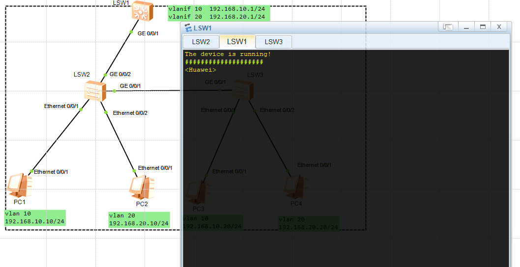 华为eNSP三层交换机的VLAN口设置实验_lsw e1连接lsw e1-CSDN博客