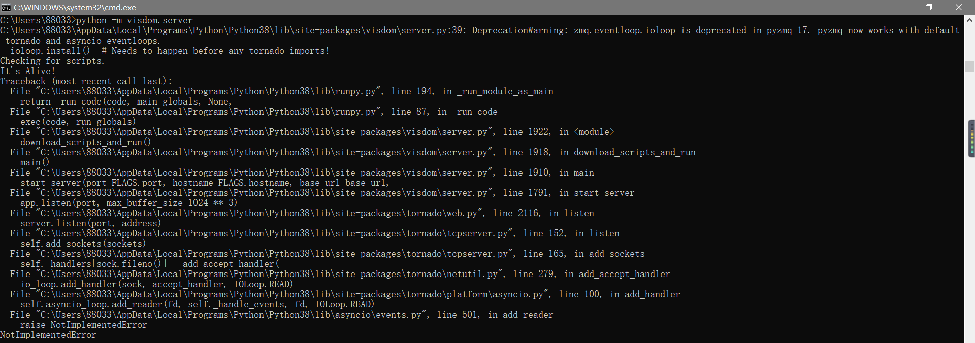 About the solution to Python3.8 running Visdom.server throws NotImplementedError exception ...