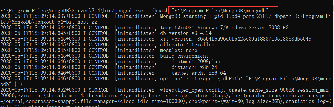 使用下面“mongod.exe --dbpath F:\MongoDB\db”命令启动mongodb报错：“Invalid command: Files\MongoDB\db”_>mongod ...