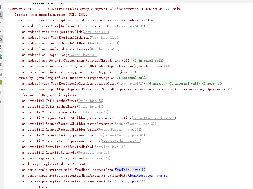 Android开发之Retrofit常见错误@FieldMap parameters can only be used with form encoding. (parameter #1 ...