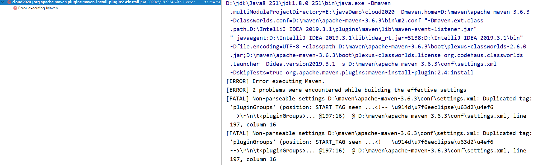 Intellij IDEA maven clean 报错：Error executing Maven_idea error executing maven. character 5 is ...