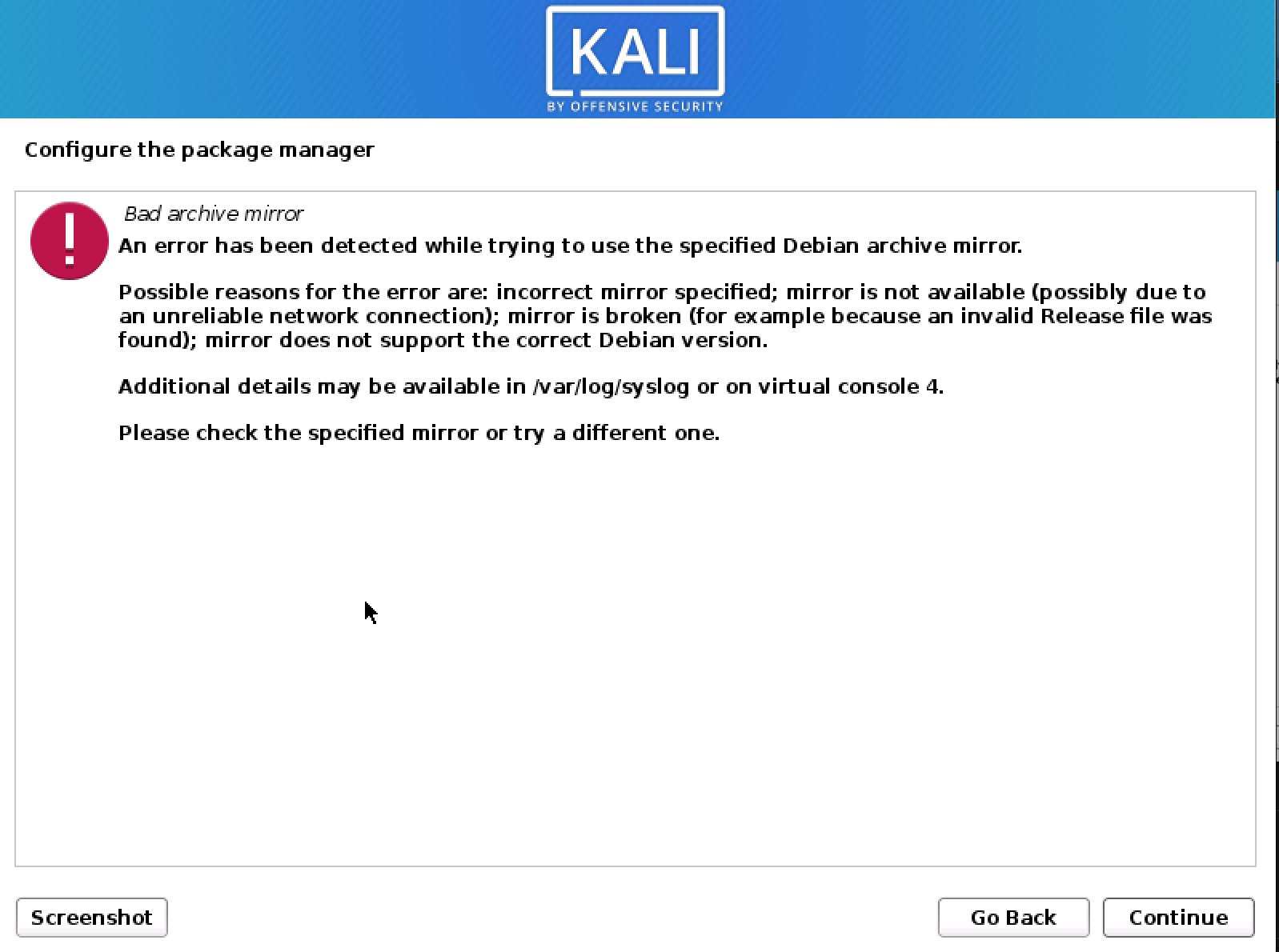 Kali安装是出现bad archive mirror解决方法_debian bad archive mirror-CSDN博客