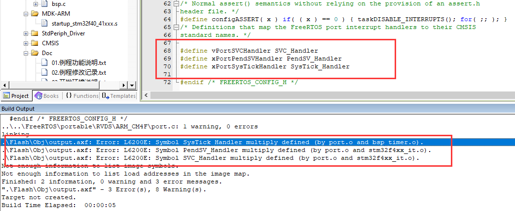 Symbol SysTick_Handler multiply defined (by port.o and bsp_timer.o)._symbol dma1 stream3 ...