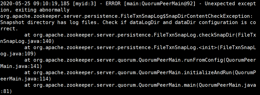 记一次zookeeper启动异常：Snapshot directory has log files. Check if dataLogDir and dataDir configuration ...