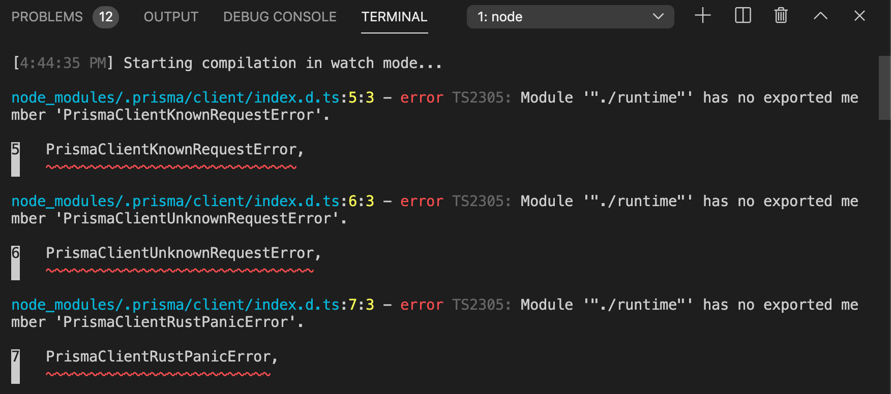 .prisma/client/index.d.ts:5:3 - error TS2305: Module ./runtime ... PrismaClientKnownRequestError ...