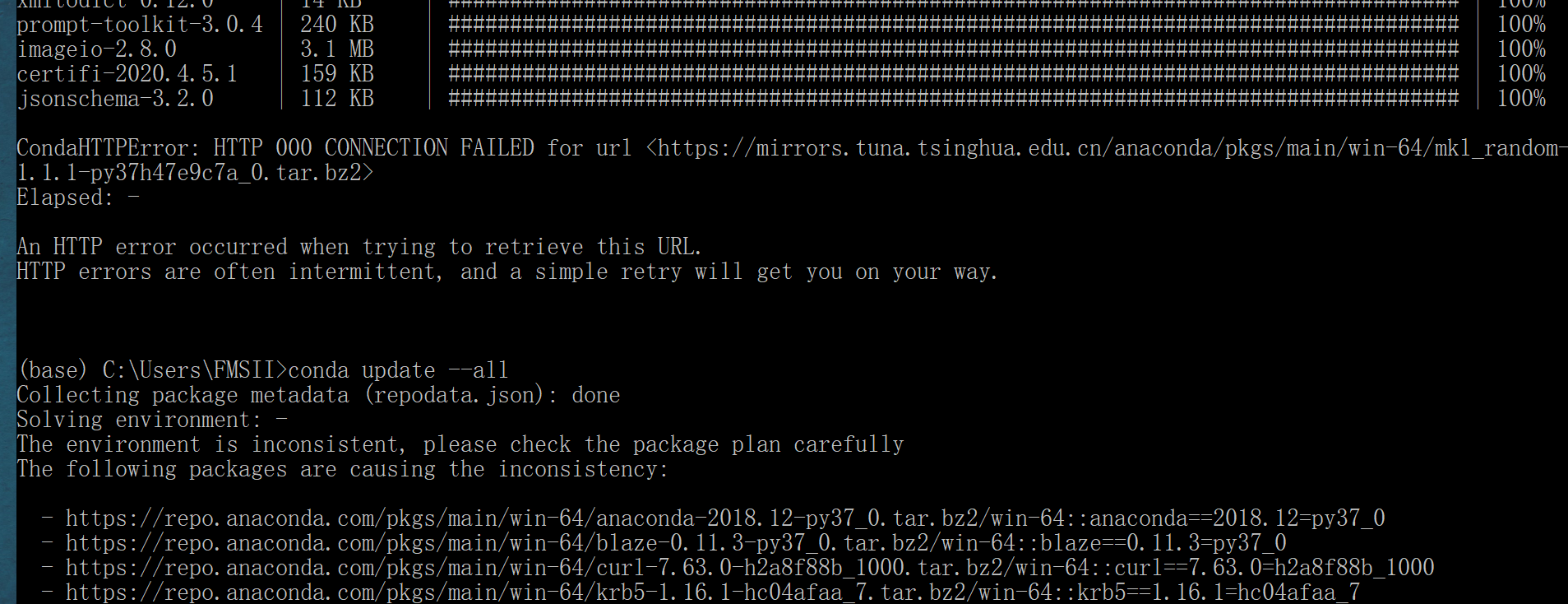 Anaconda：The environment is inconsistent, please check the package plan ...