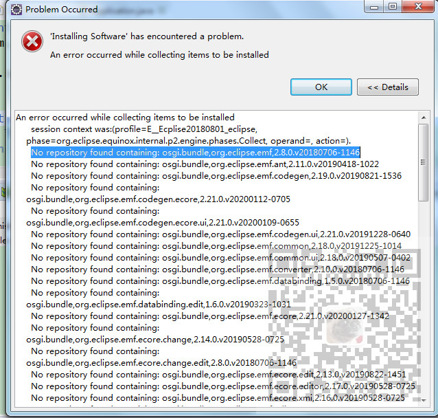 Eclipse中安装插件时提示:No repository found containing: osgi.bundle,org.eclipse.emf,2.8.0.v20180706-1146 ...