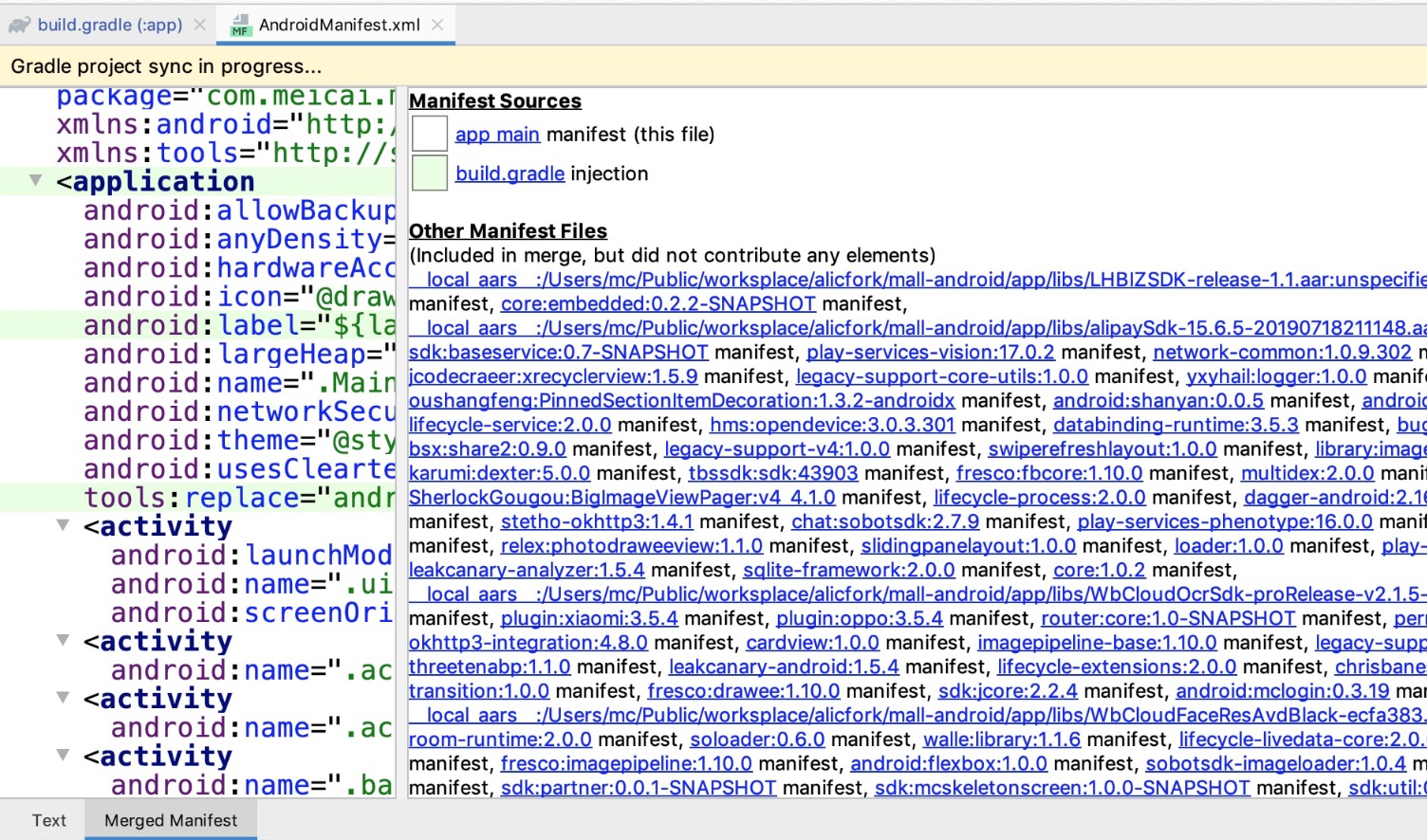 Manifest merger failed with multiple errors ,see logs_menifest application属性重复 manifest merger ...