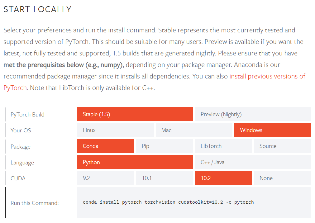 Windows10 通过conda安装PyTorch（流程记录）_conda install pytorch==1.5.0 torchvision==0.6.0 cu-CSDN博客