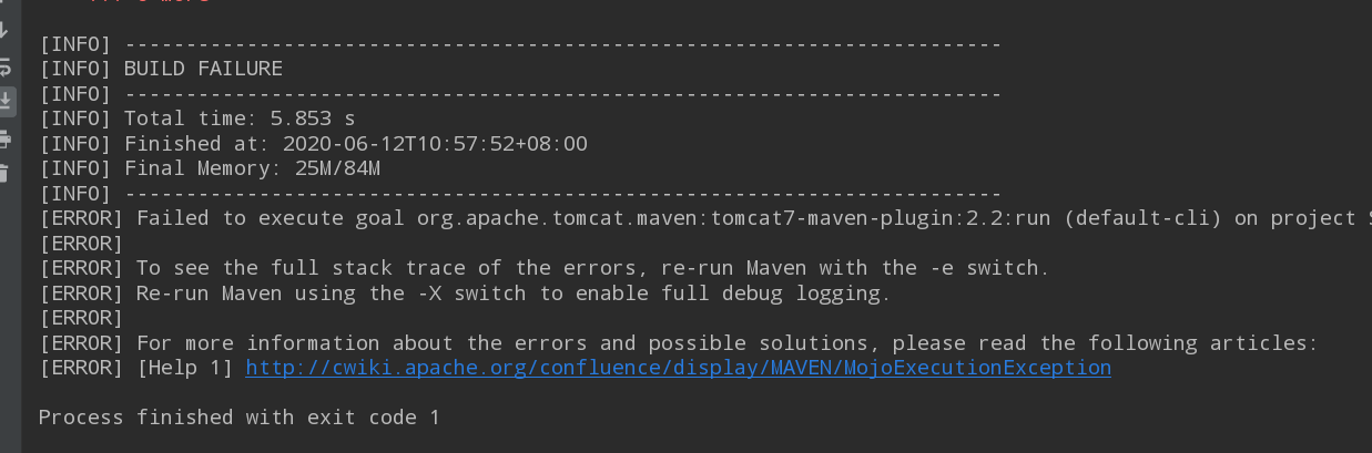 Springmvc启动tomcat出现failed To Execute Goal Orgapachetomcatmaventomcat7 Maven Plugin22run异常 
