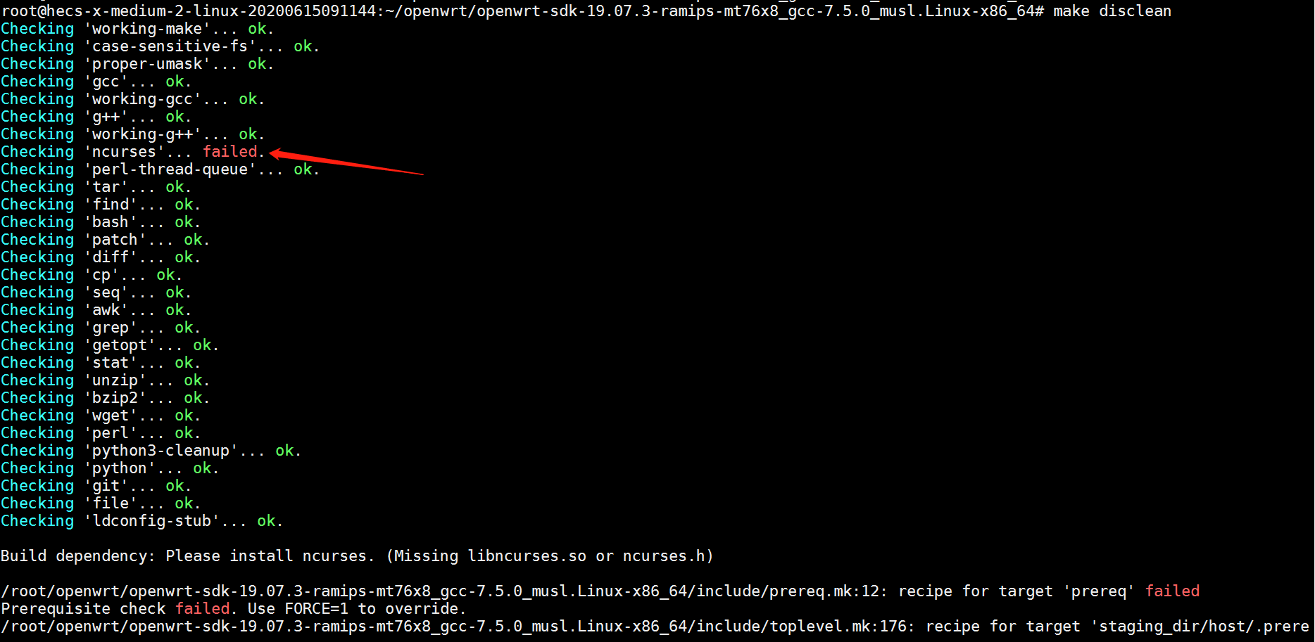 Openwrt chaos_calmer 版本在Ubuntu18上编译问题汇总_checking 'ncurses.h'... failed.-CSDN博客