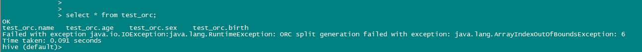 hive2.1.1读取spark写入的orc:ORC split generation failed with exception:ArrayIndexOutOfBoundsException ...